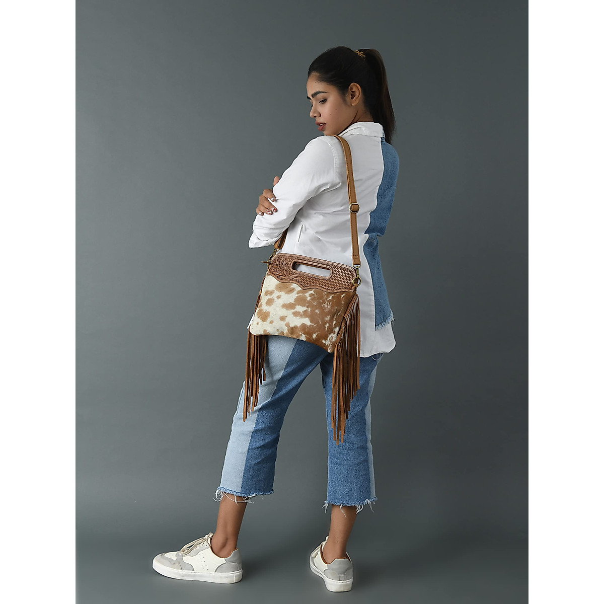 Western Suede Fringe Hair-On Crossbody Bag Women Natural Leather Hand Bag With Adjustable Strap | Leather Handbag | Purse | Side Sling Bag