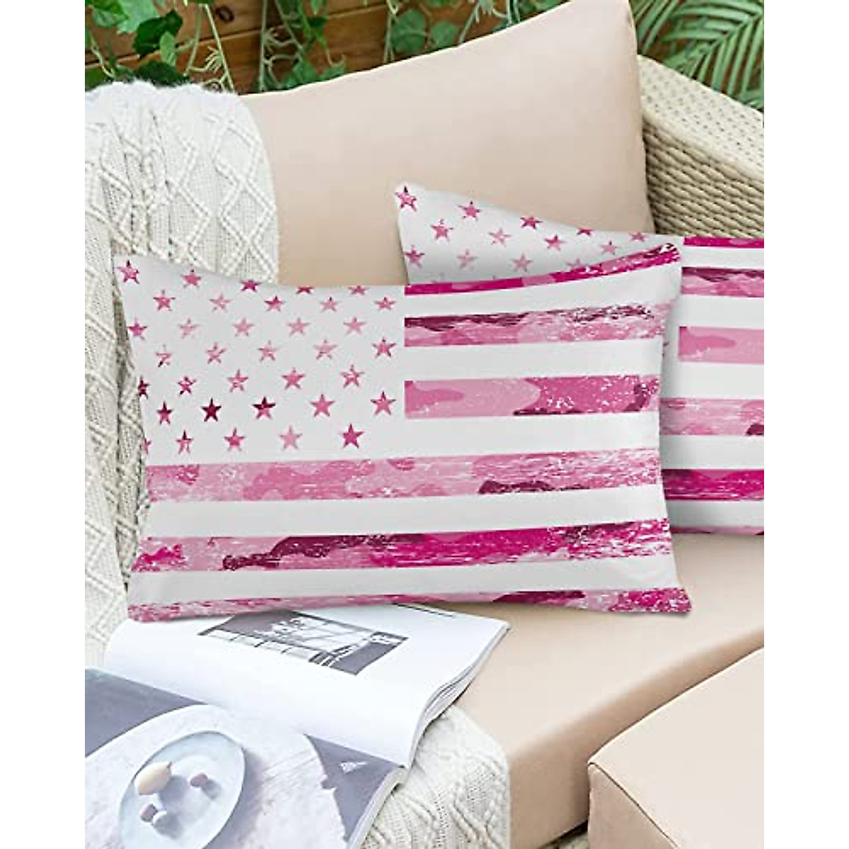 Funnywall88 Waterproof Throw Pillow Covers Set of 2 Independence Day Pink Camo American Flag Patriotic Couch Pillow Cases Outdoor Sofa Cushion Cover Home Decor for Bed Living Room, 20" x 12"