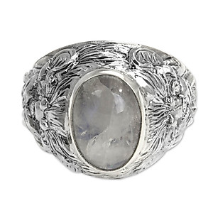 NOVICA Artisan Handmade .925 Sterling Silver Men's Rainbow Moonstone Clear Domed Single Animal Themed Wild Cat Ring 'Lion'S Charisma'