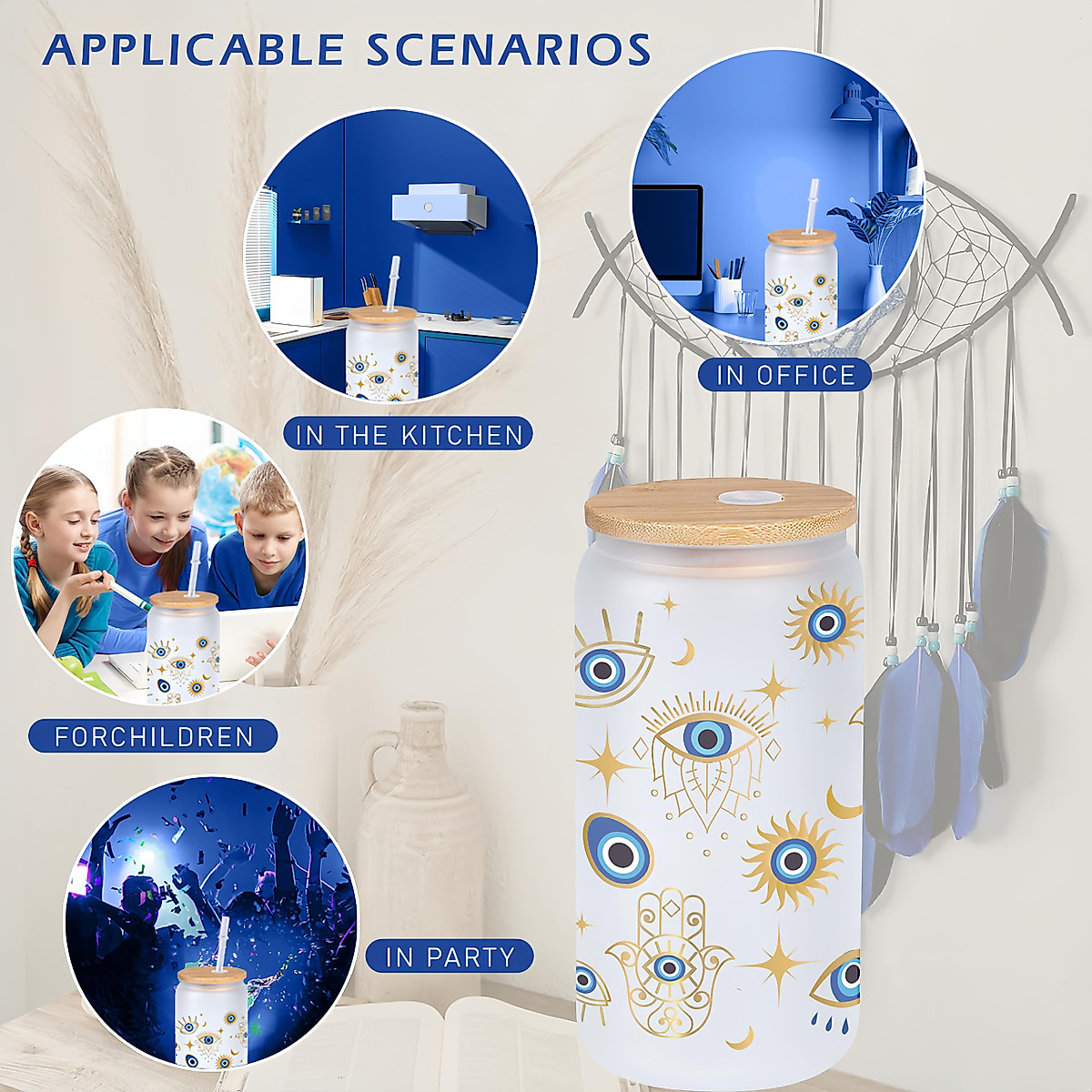 vradcorel Evil Eye Glass Cups With Bamboo Lids And Straws - Iced Coffee Cup Home Decor -Ojo Turco Drinking Glasses for Beer -Cute Can Shaped for Latte,Soda,Smoothie Whiskey -Gift for Women