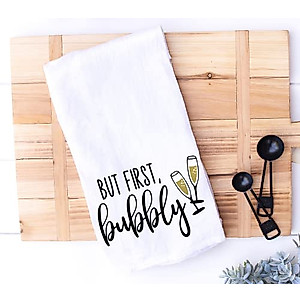 Handmade Funny Kitchen Towel - 100% Cotton Funny Hand Bar Towels for Champagne Celebrations - 28x28 Inch Perfect for Hostess Housewarming Christmas Mother’s Day Birthday Gift (But First Bubbly)