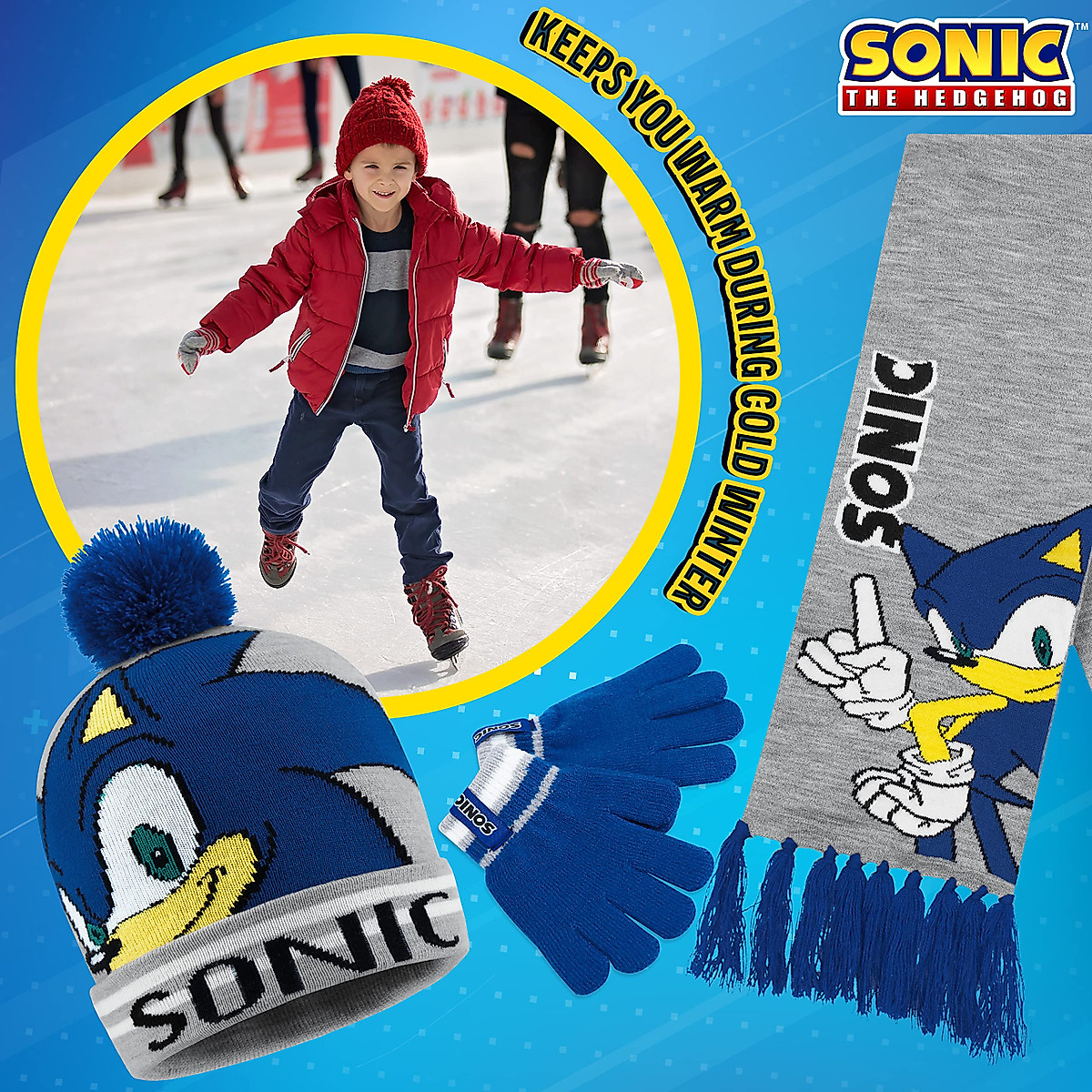 Sonic The Hedgehog Beanie Hat Scarf and Gloves Set for Boys (Multicolour- 3 Pieces)