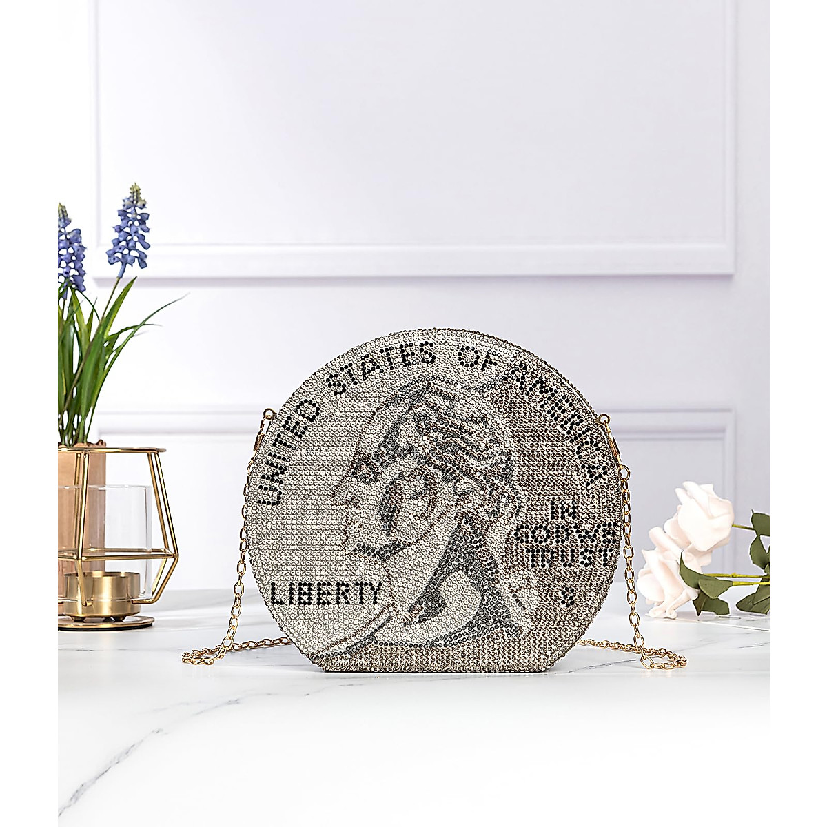 Covelin Women's Dollar Coin Handbag Rhinestone Purse Evening Clutch Bag Grey