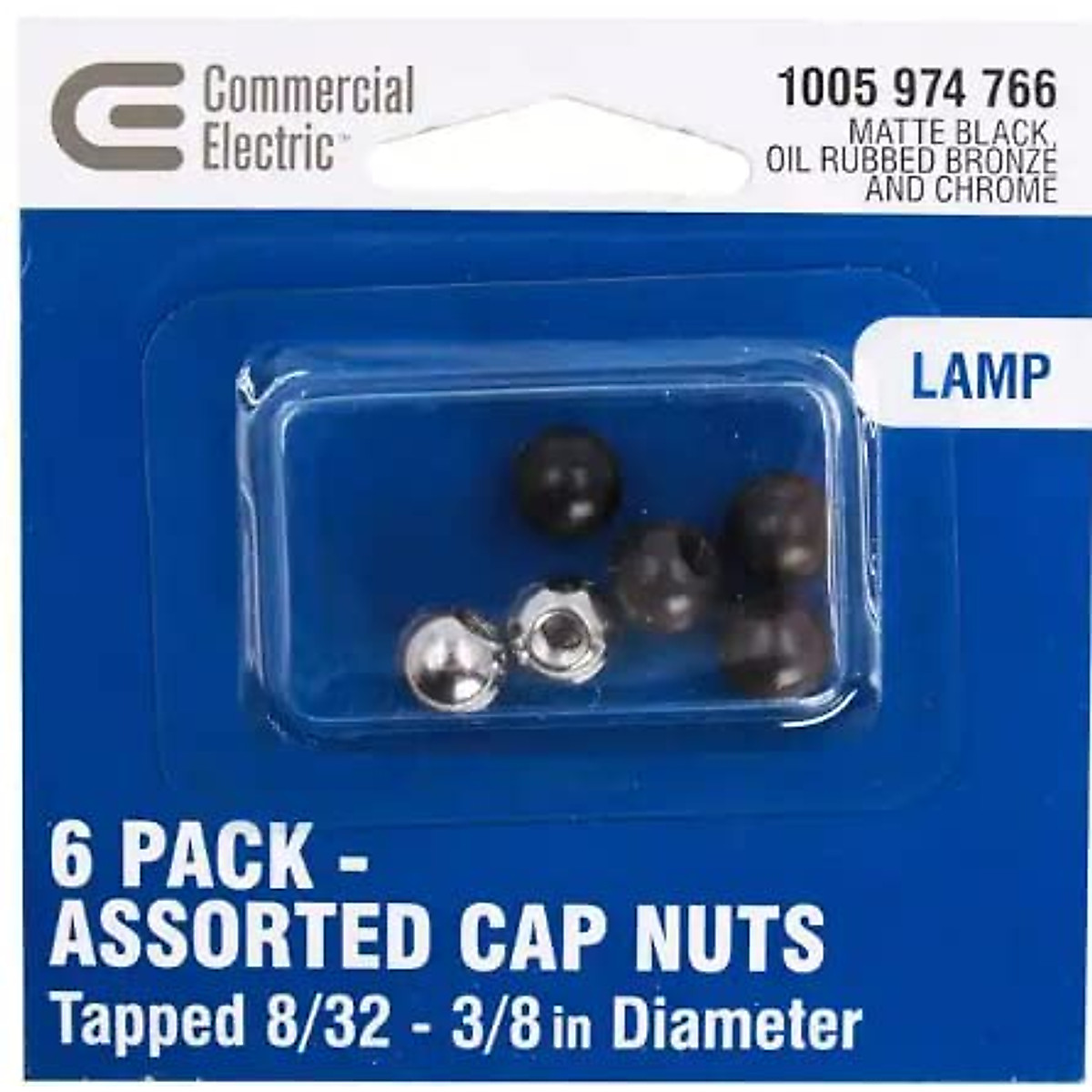 Commercial Electric Lamp Cap Nuts Tapped 832-38in Diameter, 6 Assorted, Matte Black, Oil Rubbed Bronze and Chrome