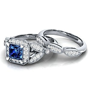 IDEALJEWEL95 1.35 ct Blue & White Sapphire Sterling Silver Bridal Ring Set Free Size For Women Engagement Ring/Wedding/Valentines