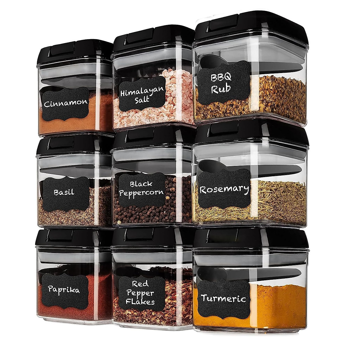 Shazo 9 PC Airtight Food Storage Containers + 9 Spoons - BPA Free Clear Plastic Snack & Spice Containers with Easy Lock Lids - Kitchen and Pantry Organization for Herbs, Coffee, Tea - 0.5L / 2.1 Cups