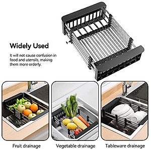 Over The Sink Dish Drying Rack, Retractable Stainless Steel Sink Strainer Telescopic Drain Basket Kitchen Rack Drain Basket Sink Organizer for Vegetable and Fruit(L-Black)
