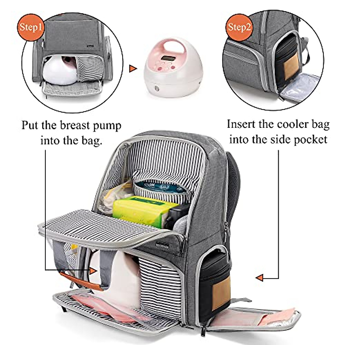 LUXJA Breast Pump Backpack and A Breastmilk Cooler Bag Bundle, Gray