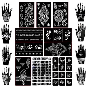 Koogel 18 Sheets Henna Tattoo Stencil Kit, 97 PCS Temporary Glitter Airbrush Flower Tattoo Stencils for Women and Girls Arabian Realistic Tattoo Stickers for Face Paint Body Art