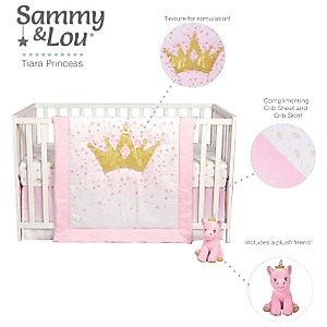 Sammy & Lou Tiara Princess 4-Piece Baby Nursery Crib Bedding Set for Girls, Includes Quilt, Fitted Crib Sheet, Crib Skirt, and Plush Toy