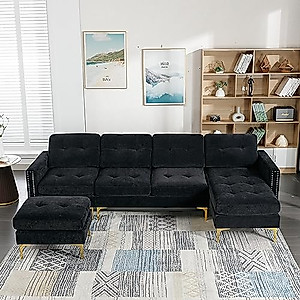 UBGO 110" Large Sofa,Living Room Furniture Sets,U/L-Shape Sectional Chaise Lounge and Convertible Ottoman,Velvet Couches for Apartment,Office (Black)