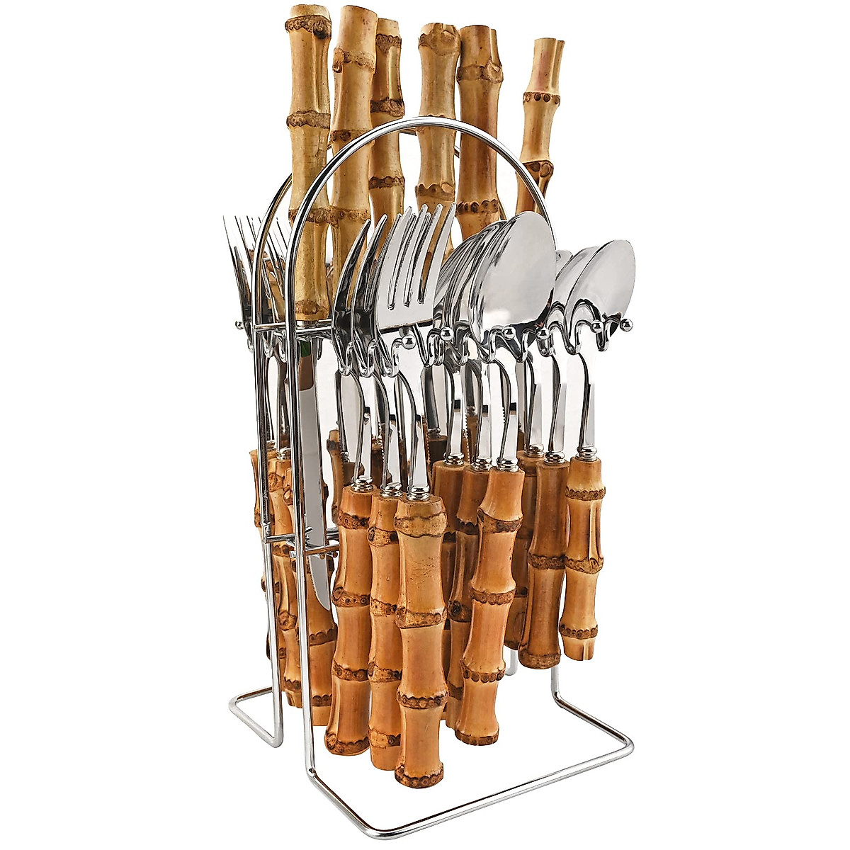 Snplowum 24-Piece Bamboo Flatware Set, Silver Stainless Steel Tableware Set With Cutlery Holder, Kitchen Utensils For Home And Restaurant Daily Use, Mirror Polish, Service For 6