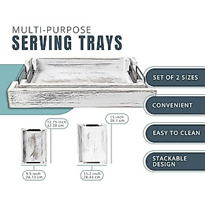 Rustic Wooden Serving Trays with Handle - Set of 2 - Large and Small Nesting Multipurpose Trays - for Breakfast, Coffee Table/Butler & More - Rustic White