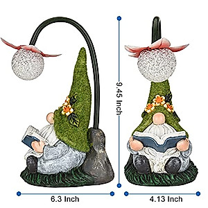E.SUN CRAFT, Solar Garden Gnome Resin Gnomes Figurine Reading Book with a Solar Powered LED Flower Light Outdoor Summer Autumn Decorations for Patio Yard Lawn Porch Pond Green Hat