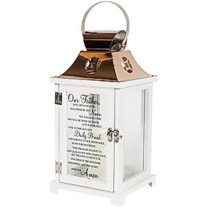 Carson Home Accents Indoor Outdoor Our Father Memorial Sympathy Copper Candle Lantern for Loss of Loved One with Automatic 6 Hour Timer and Calligraphy