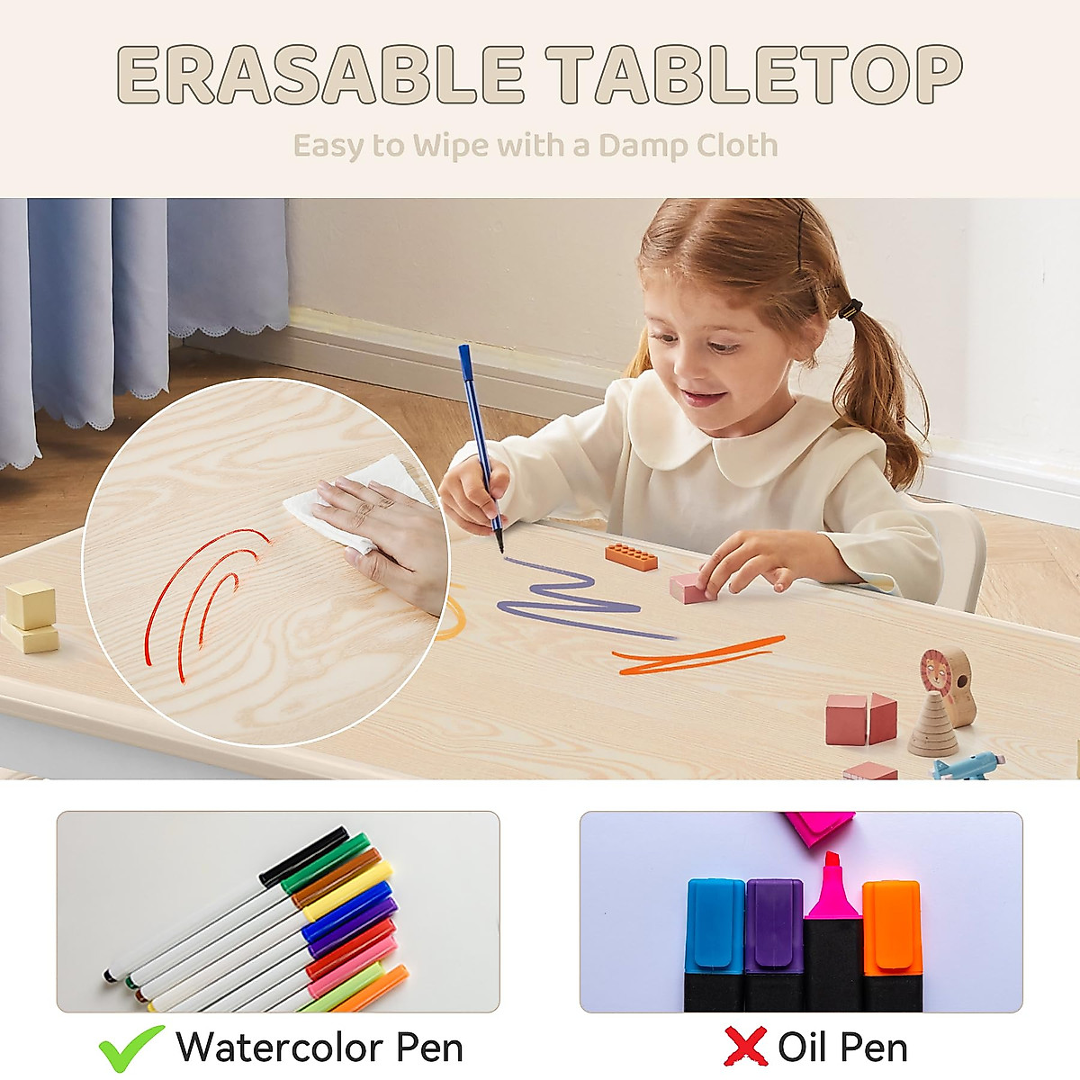 DOREROOM Kids Table and 2 Chairs Set, Height-Adjustable Toddler Table and Chairs Set with Graffiti Desktop, 23.6''L x 23.6''W Children Activity Table for Daycare, Classroom, Home