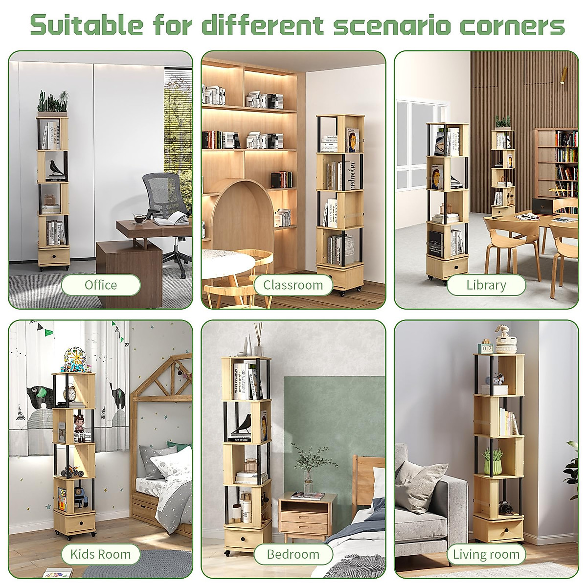 YAGEANNL 4 Tier Rotating Bookshelf with Wheel, 59" Tall Spinning Bookshelf Tower for Kids, Swivel Revolving Bookcase with Drawer Small Corner Bookshelf for Bedroom Library Classroom Narrow Space