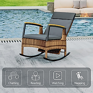 MAXXPRIME Outdoor Recliner Chairs, Adjustable Patio Recliner with C Shaped Glass Top Side Table, Wicker Reclining Lounge Chairs, Rocking Chairs with Removable Cushions for Pool,Deck(Dark Gray)