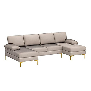 VERYKE U Shape Sectional Sofa Couch,Modern 110'' Chenille Fabric Sectional Couch Sofa, Upholstered Sofa Bed with Golden Metal Legs for Living Room