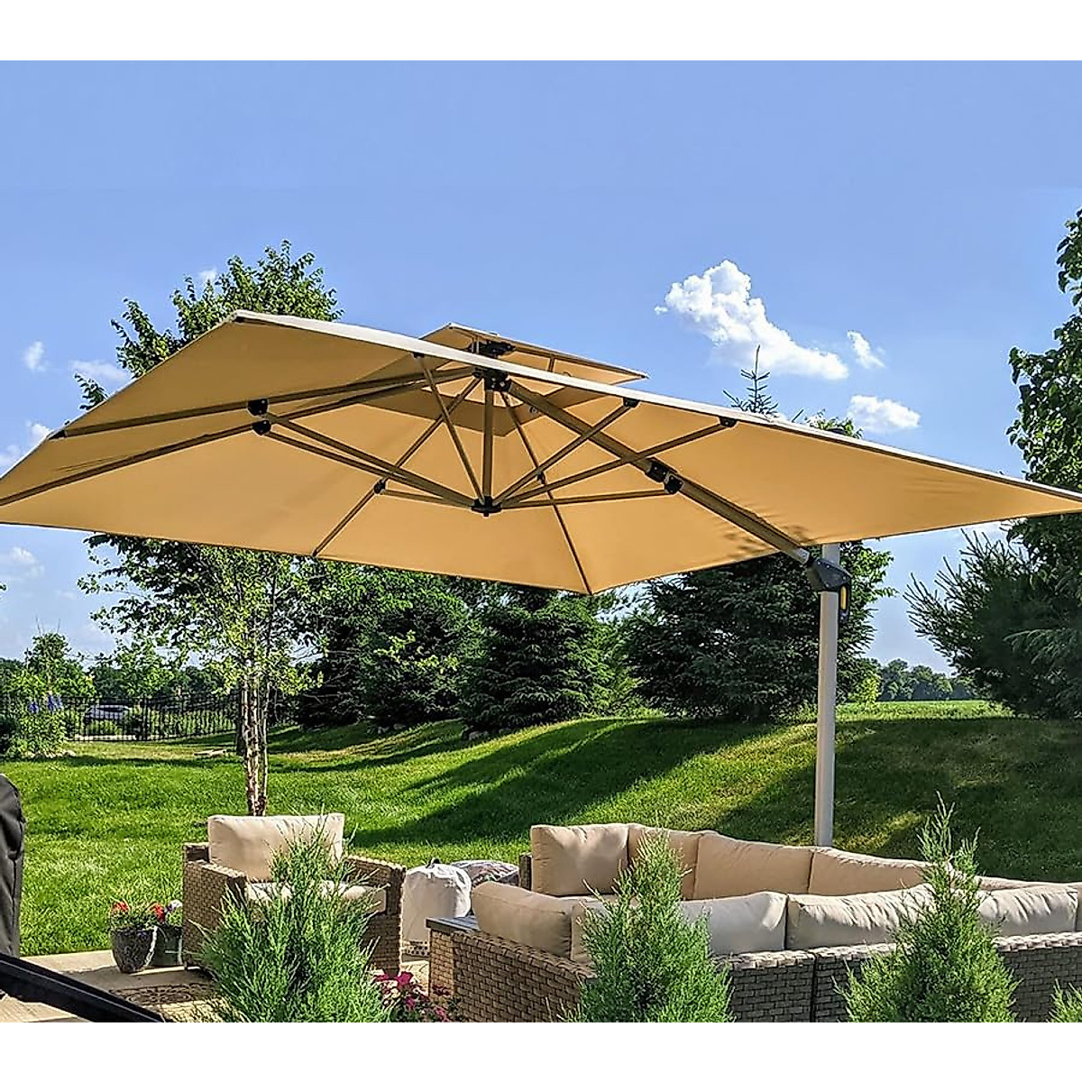 PURPLE LEAF 11 Feet Double Top Deluxe Square Patio Umbrella Offset Hanging Umbrella Outdoor Market Umbrella Garden Umbrella, Beige