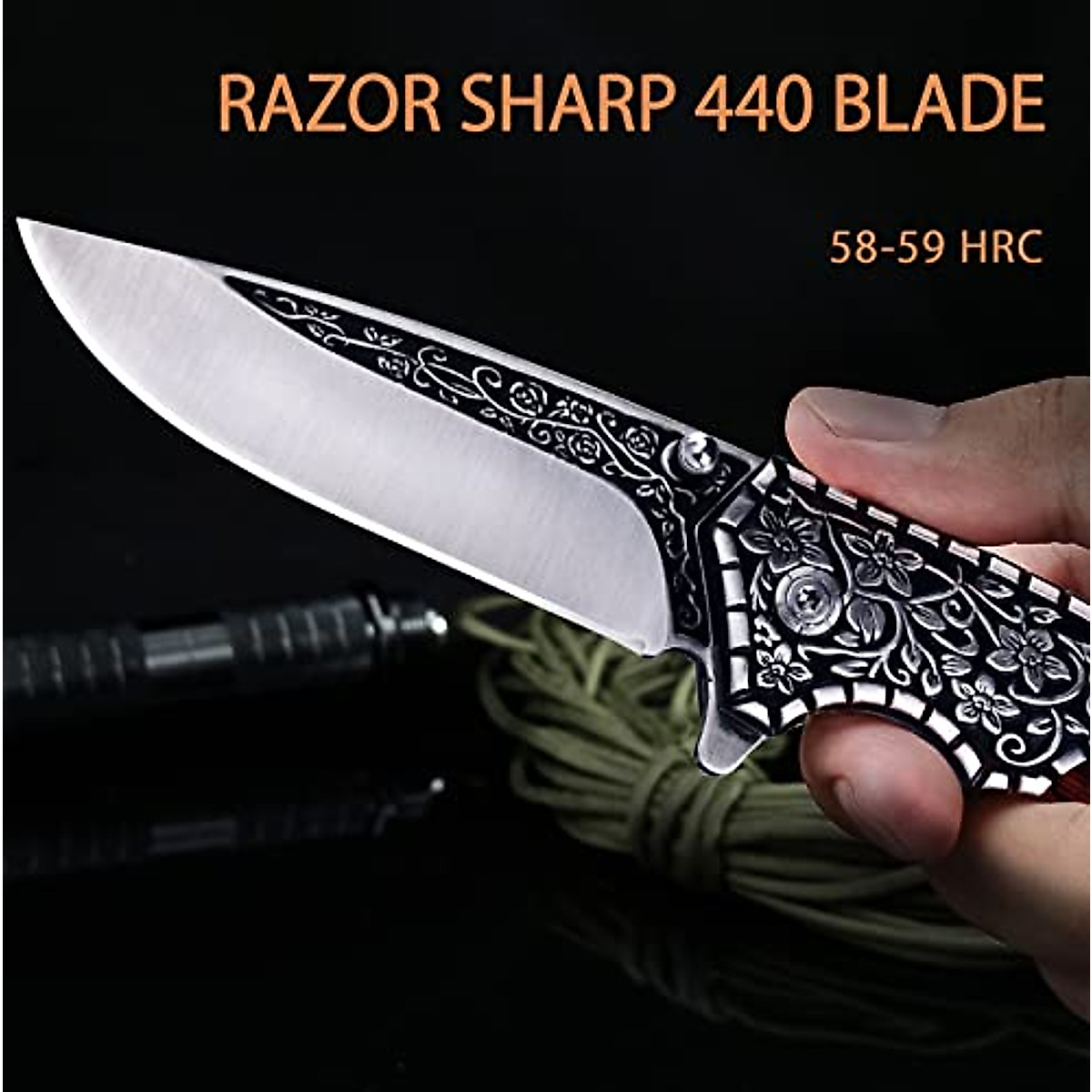 Vividstill Pocket Knife, Spring Assisted Folding Knife With 3D Retro Embossed Pattern, Great Gift EDC Knife For Men Outdoor Camping Hunting Knife