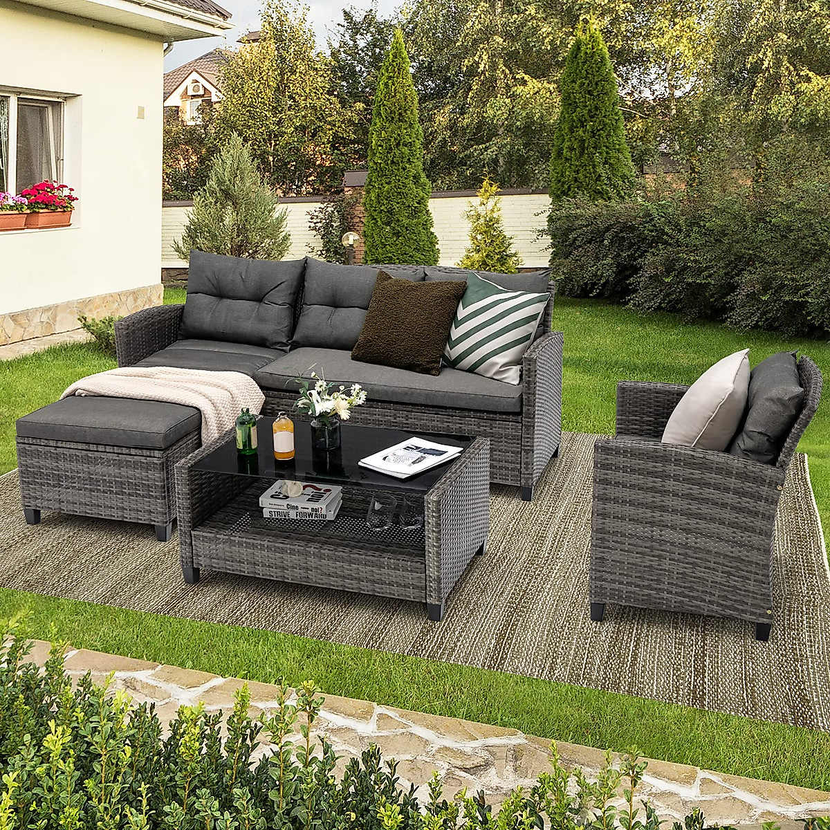 HAPPYGRILL 4 Pieces Patio Furniture Set Outdoor PE Wicker Sectional Sofa Set with Corner Sofa and Cushions, 2-Tier Coffee Table with Extra Storage Shelf, Patio Conversation Set for Poolside Backyard