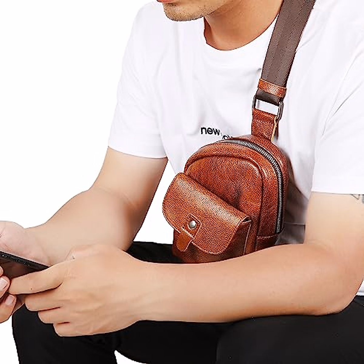 GZRHKJ Crossbody Bags for Women Men, Genuine Leather Small Sling Bag for Women Men，Handmade Chest Bag Shoulder Backpack——Brown