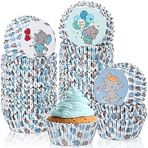 300 count Baby Shower Cupcake Liners Boy Elephant Muffin Cups Paper Liners Blue Cupcake Wrappers Baking Cups Baking Liners Holders for Baby Boy Birthday Party Decorations