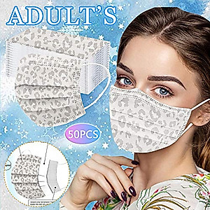 50PC Leopard Disposable Face Masks with Cute Designs Cheetah Printed Paper Masks 3 Ply Breathable Comfortable Full Face Cover Protection Mask for Women Adults (A)