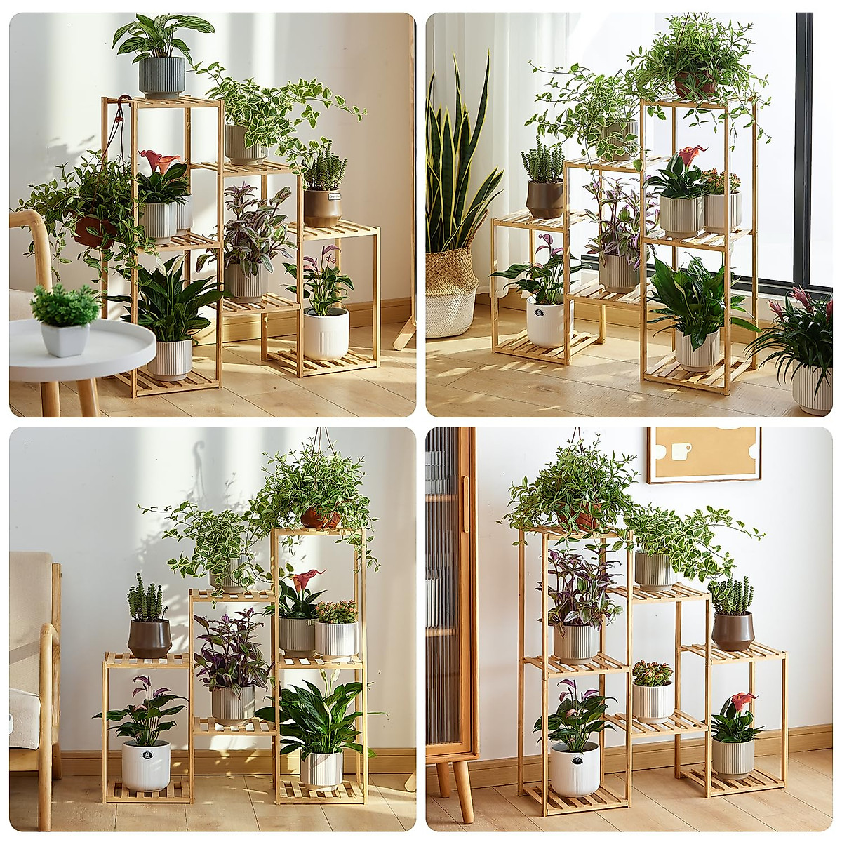 Plant Stand Indoor Plant Stands Bamboo Outdoor Tiered Plant Shelf for Multiple Plants, 3 Tiers 7 Potted Ladder Plant Holder Table Plant Pot Stand for Window Garden Balcony Living Room Corner (Natural)