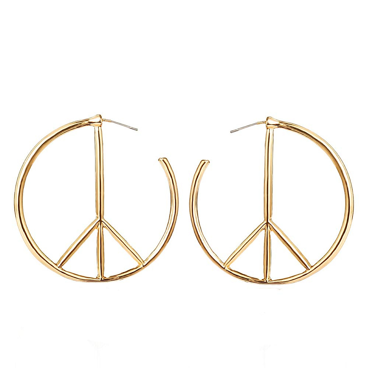 Peace Sign Symbol Geometric Stud Earrings Jewelry Minimalist Big Round Hoop Statement Earrings for Women (Gold)