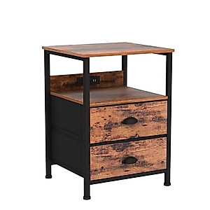 Furologee Set of 2 Nightstands, End Table with Charging Station, Bedside Tables with 2 Fabric Drawers, Night Stands with USB Ports & Power Outlets for Bedroom/Living Room/Rustic Brown