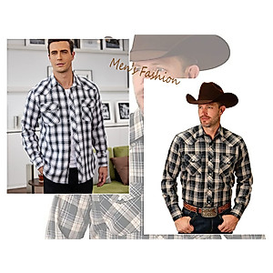 COOFANDY Mens Shirt Western Long Sleeve Cowboy Plaid Casual Button Up Dress with Pockets, Black White, Large, Long Sleeve