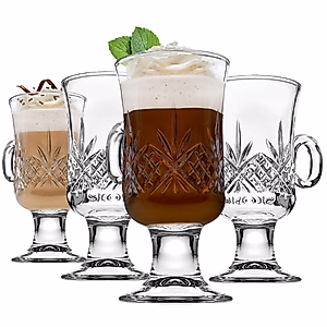 Godinger Coffee Mugs, Glass Irish Coffee Mug Set, Hot Beverage Tea Cups, Glass Cups, Drinking Glasses - 6oz., Set of 4, Dublin Collection