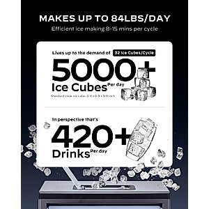 Silonn Commercial Ice Maker Machine, 84LBS/24H, Full Heavy Duty Stainless Steel Construction, Self-Cleaning, Clear Cube for Home Bar, Include Scoop, Connection Hose