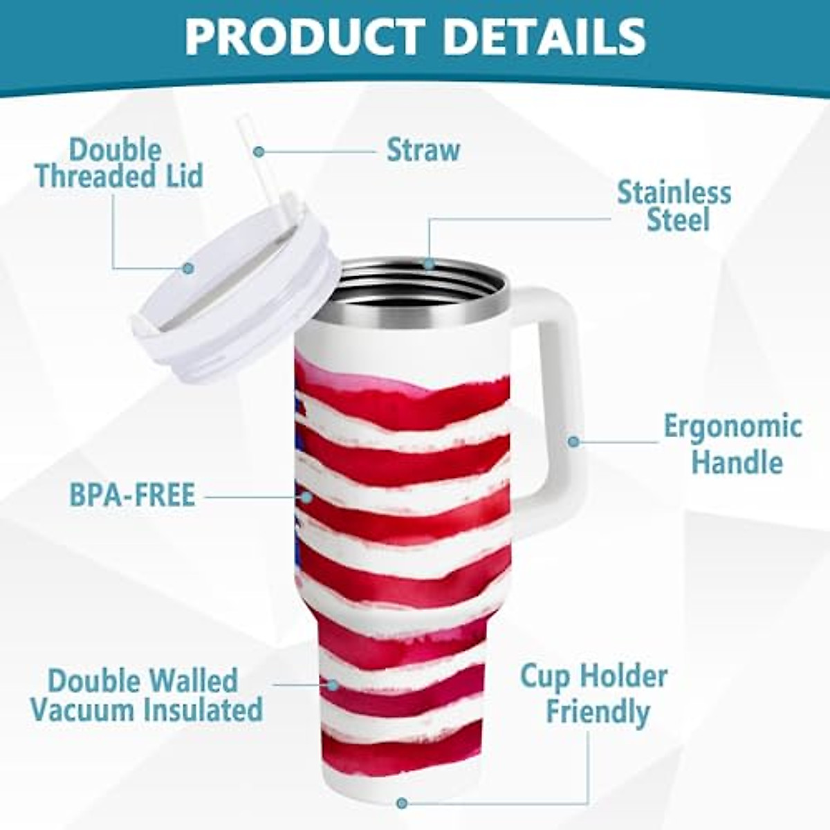 ODAWA Large Travel Insulated Tumblers with Lid and Straw, Usa Flag Double Wall Insulated Tumbler