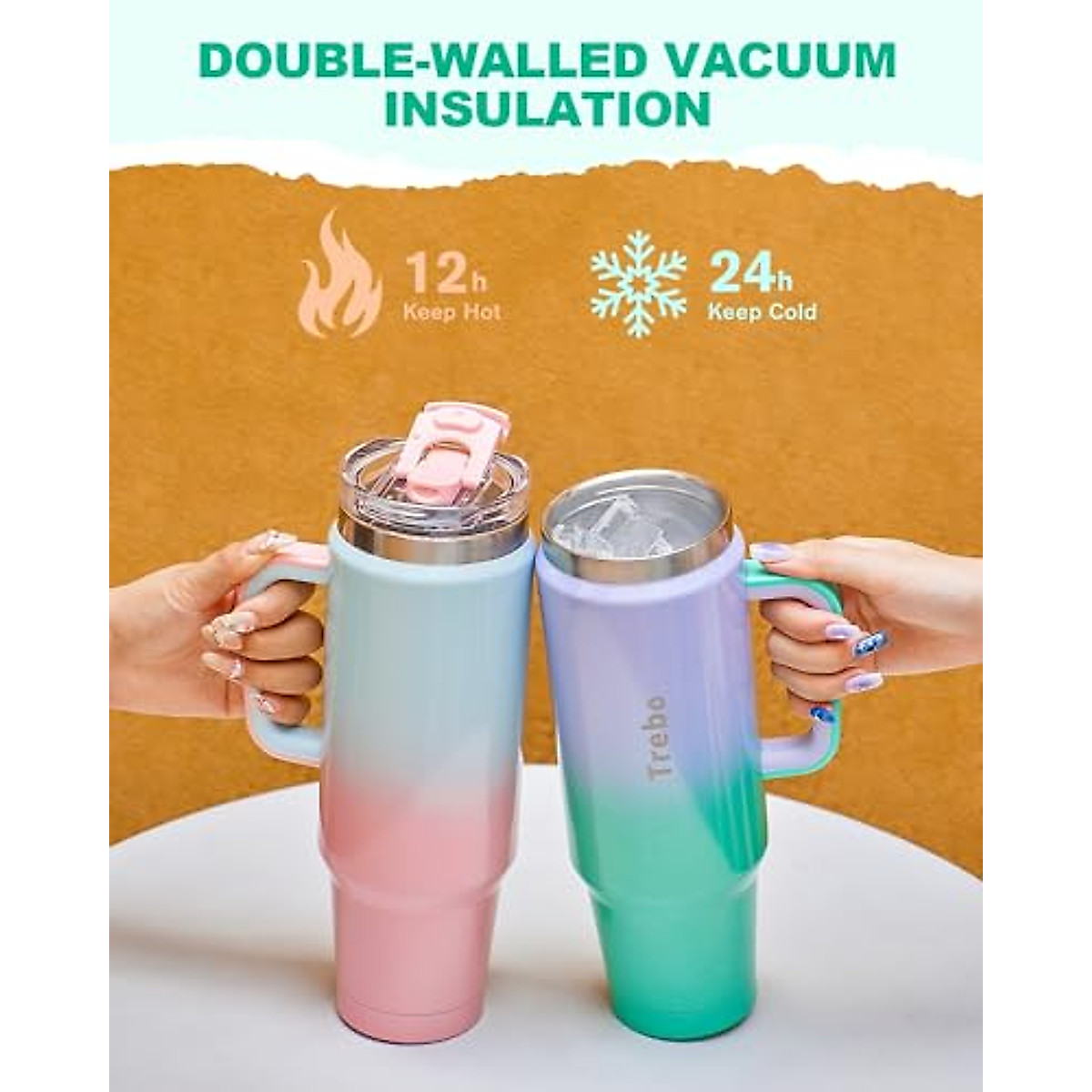 Trebo 40oz Tumbler with Handle and Straw Lid, 2-in-1 Lid,Insulated Stainless Steel Mug Water Bottle with Small Pouch,Reusable Metal Travel Coffee Cup Flask Cup Holder Friendly,Keep Cold Hot, Purple