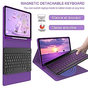 for iPad Air 4th 5th Generation Case with Keyboard,7-Color Backlit Detachable Smart Folio Keyboard Cover with Pencil Holder,Soft TPU Back Cover Keyboard for iPad Pro 11" / iPad Air 4/5th 10.9",Purple