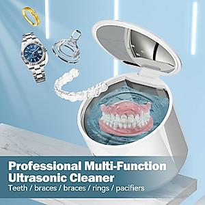 Rechargeable Dentures Cleaning Machine, Ultrasonic Cleaner for Dentures, Retainer, Aligner, Mouth Guard, Braces, Jewelry, Whitening Trays, 45kHz Portable Ultrasonic Retainer Cleaner