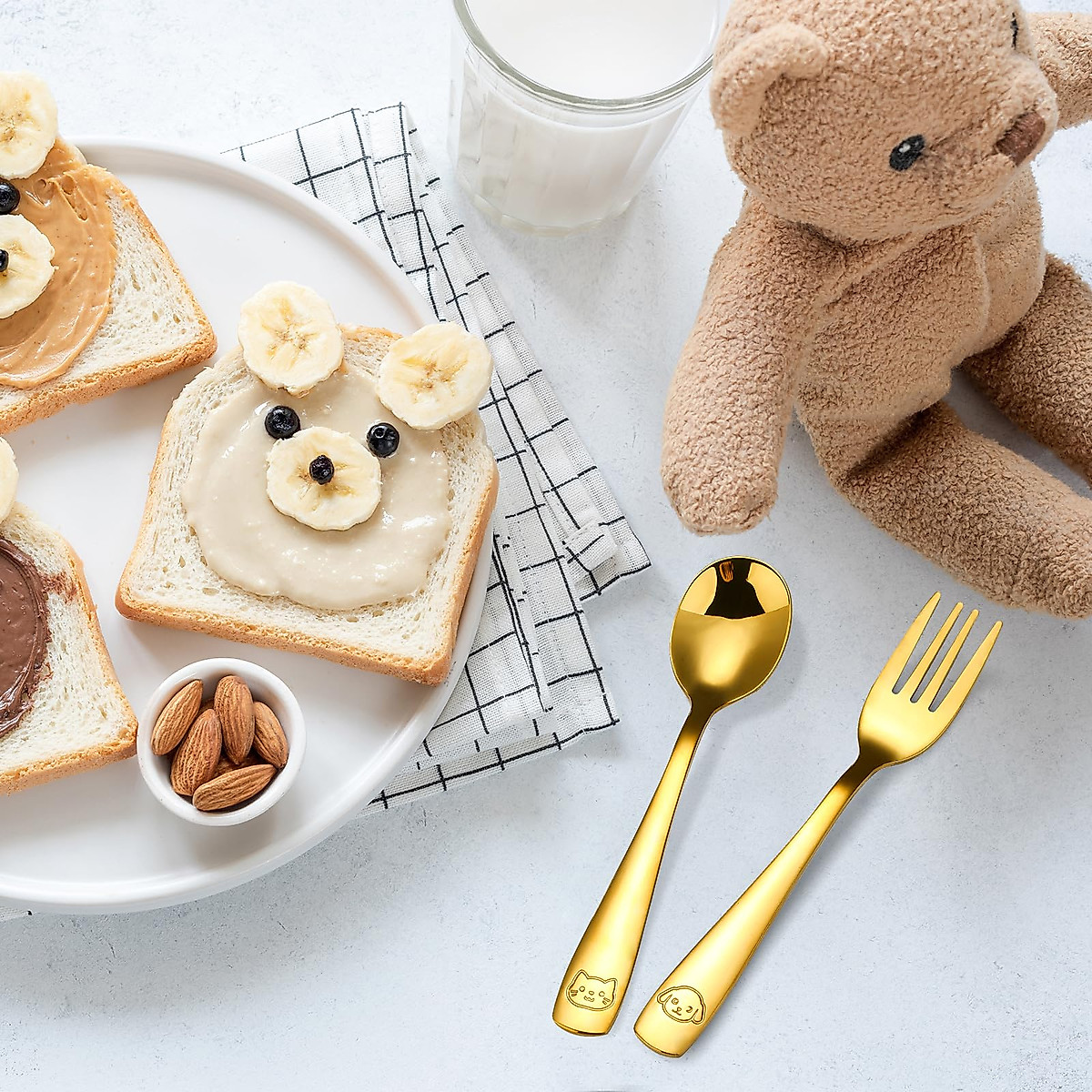 DRKIO Stainless Steel Toddler Utensils Set - 12 Pieces Kids Silverware Set Children Safe Food Grade Small Forks and Spoons Dishwasher Safe Mirror Polished