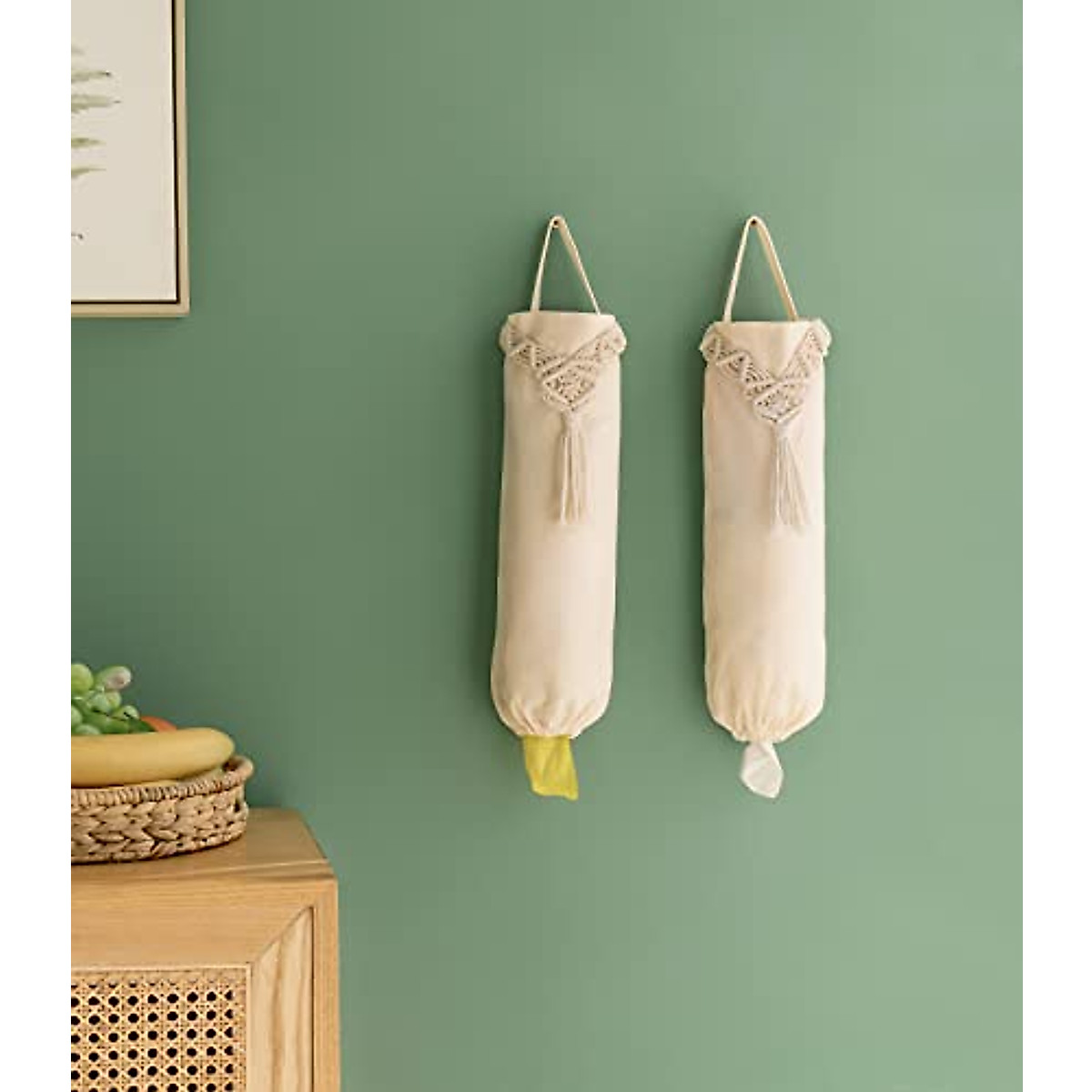 Mkono 2 Pack Small Plastic Bag Holder with Macrame Decor Boho Grocery Trash Bag Storage Dispenser Hanging Bags Organizer for Kitchen Bathroom Bedroom Living Room Office, Ivory, 6.3”W x 15.7”L