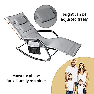 Wostore Rocking Lounger Patio Chaise Sunbathing Chair with Recliner Movable Sleep Bed Included Pillow and Breathable Texteline Farbic-Grey