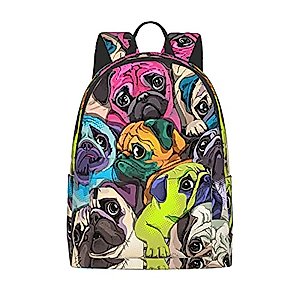 FeHuew 16 inch backpack Cartoonn Colorful Pug Dogs Laptop Backpack Full Print School Bookbag Shoulder Bag for Travel Daypack