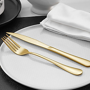 Rygten QU 12-piece Gold Steak Knives Set, Fork And Knife Set For 6, Stainless Steel Knife Set Of 12, Dishwasher Safe