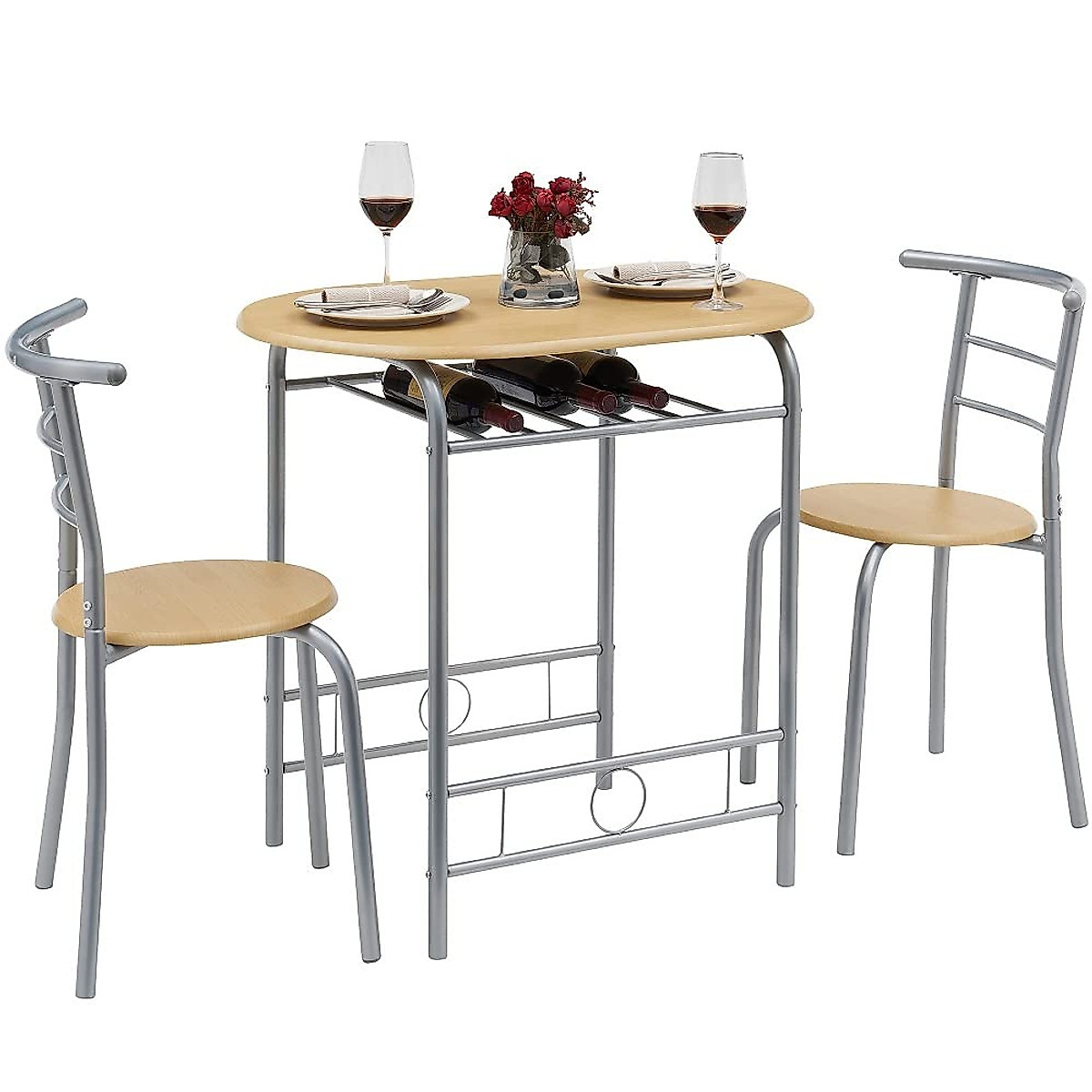 VECELO 3 Piece Wood Round Table & Chair Set for Dining Room Kitchen Bar Breakfast, with Wine Storage Rack, Space Saving, Natural