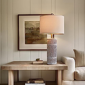 OYEARS 25.5 "Retro Farmhouse Table Lamps Set of 2 Woven Pattern Resin Bedside Lamps Classic Country Washed White Lamp for Bedroom Living Room Home Office