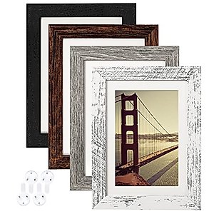 BAIJIALI 5x7 Picture Frame Distressed Farmhouse Wood Pattern Set of 4 with Tempered Glass,Display 4x6 Photos with Mat or 5x7 Without Mat, Horizontal and Vertical Formats for Wall and Table Mounting,Multicolour