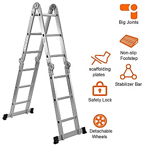 ERGOMASTER Extension Ladder 7 in 1 Aluminum Folding Step Ladders Adjustable Telescoping Multi Position Ladder for Home Stairs Roof Warehouse 330lbs（12.2 Feet）
