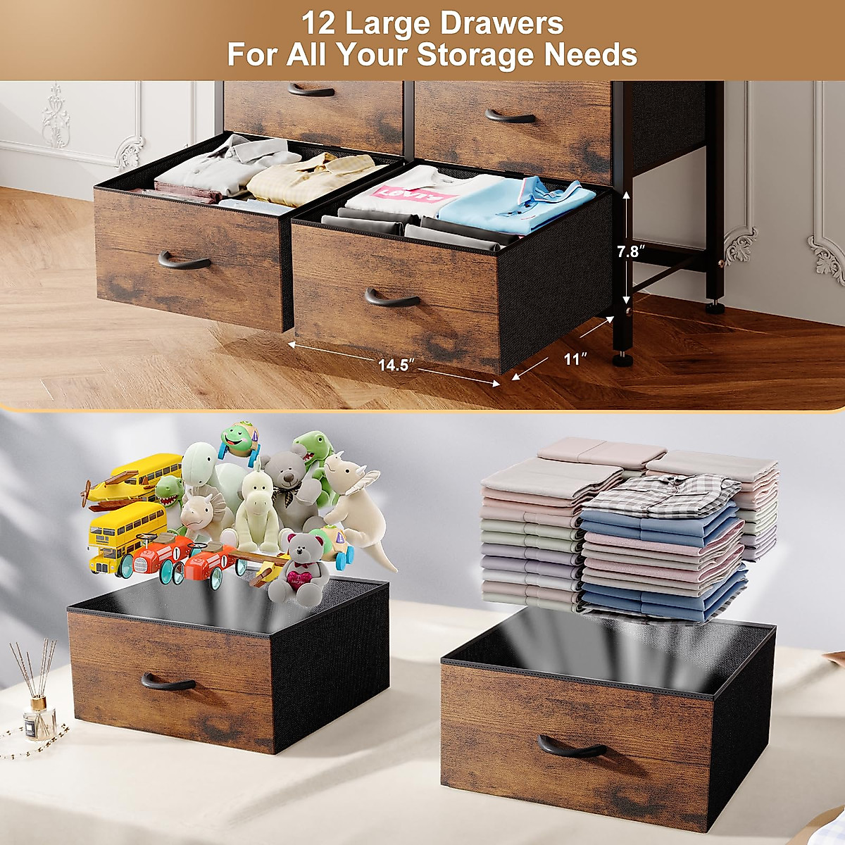 YaFiti Dresser for Bedroom, 12 Drawers with Wooden Top, Fabric Bins, Hooks and Metal Frame, Tall Chest of Drawers for Living Room, Hallway, Rustic Brown