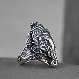 Retro Vintage 925 Sterling Silver Hindu Elephant Lord Ganesh Ring Ganesha Jewelry for Men Women Size 11